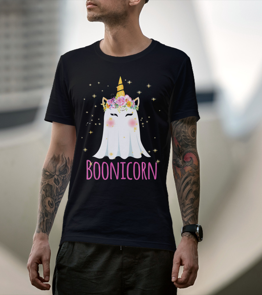 BooNicorn Unicorn Ghost With Flowers And Stars Halloween For Girl T-Shirt