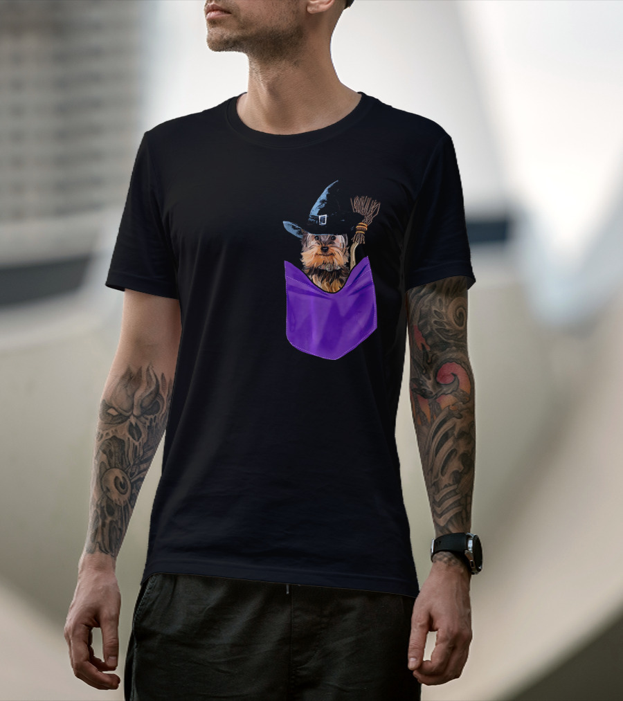 Yorkie Witch In Pocket With Broomstick T-Shirt