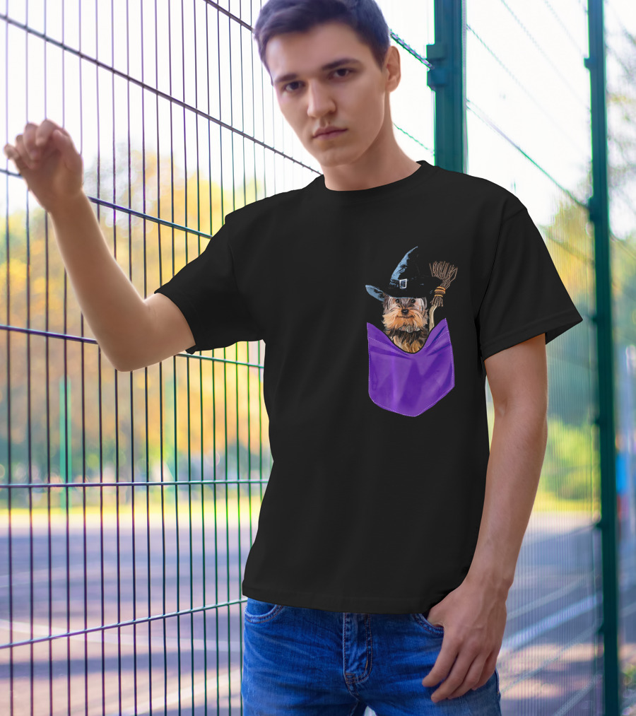Yorkie Witch In Pocket With Broomstick T-Shirt