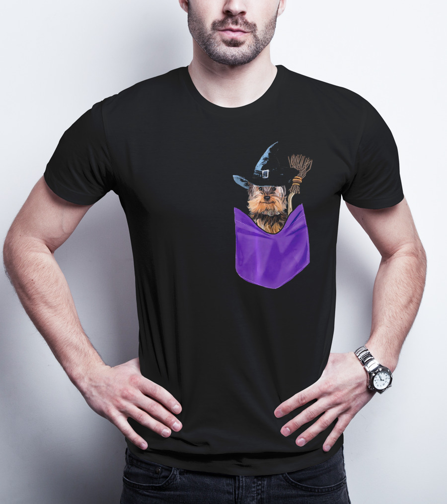 Yorkie Witch In Pocket With Broomstick T-Shirt