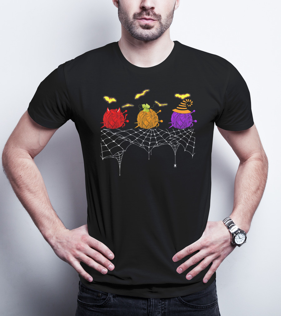 Halloween Knitting Yarn Lovers With Spiderweb And Bats T-Shirt