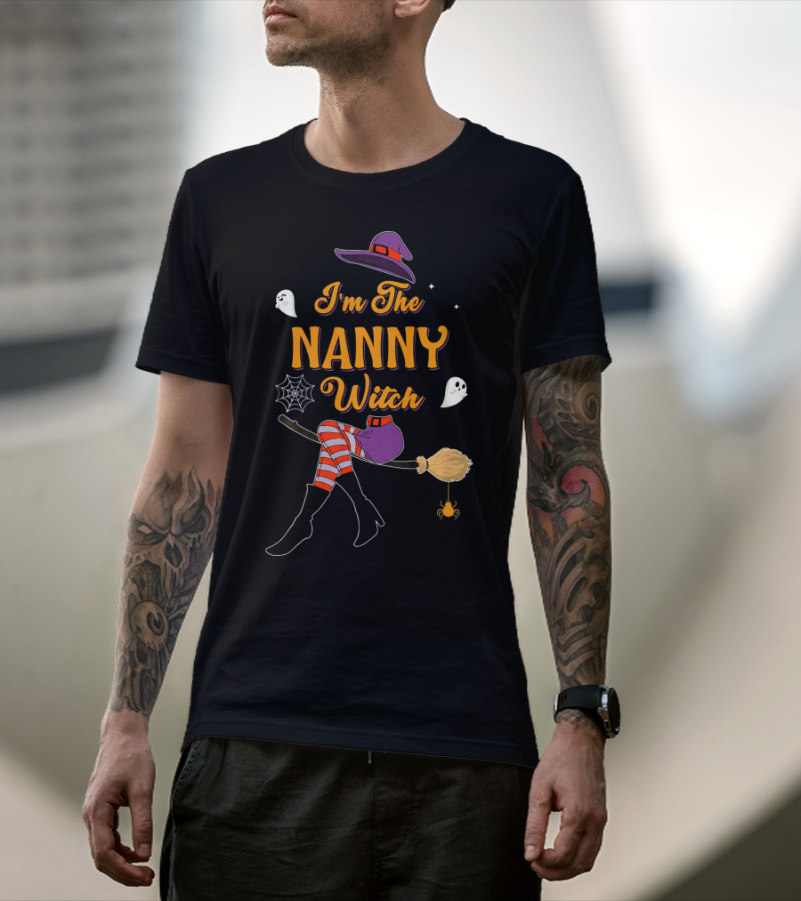 I'm The Nanny Witch Halloween Group Costume Ghosts Broomstick Hat Spider Web T-Shirt