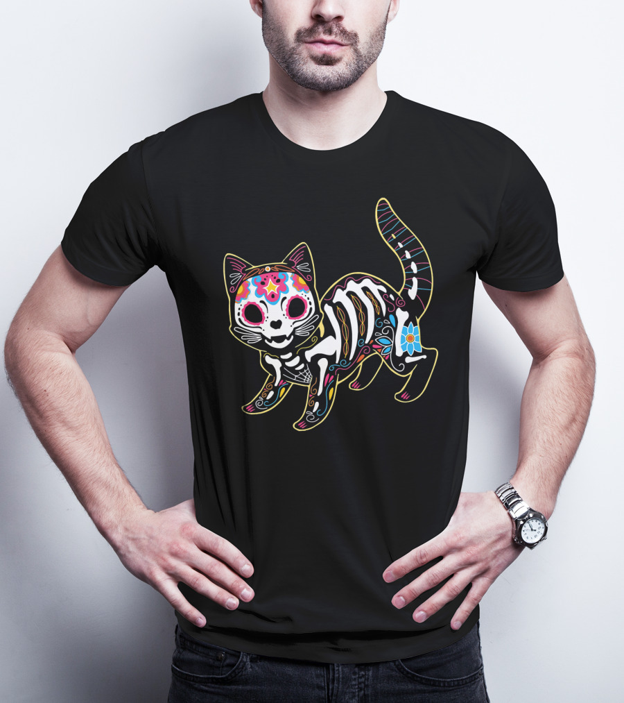 Day Of The Dead Black Cat Sugar Skull Halloween T-Shirt
