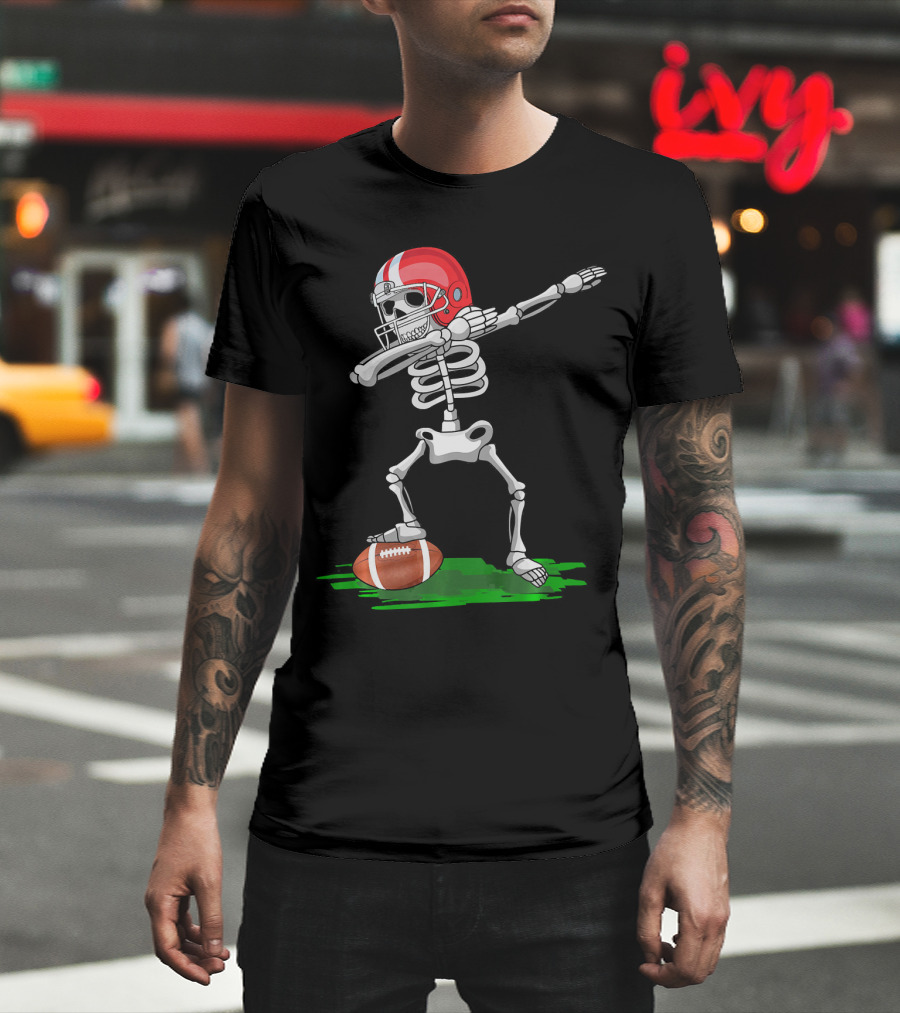 Dabbing Skeleton With Football And Red Helmet For Halloween T-Shirt
