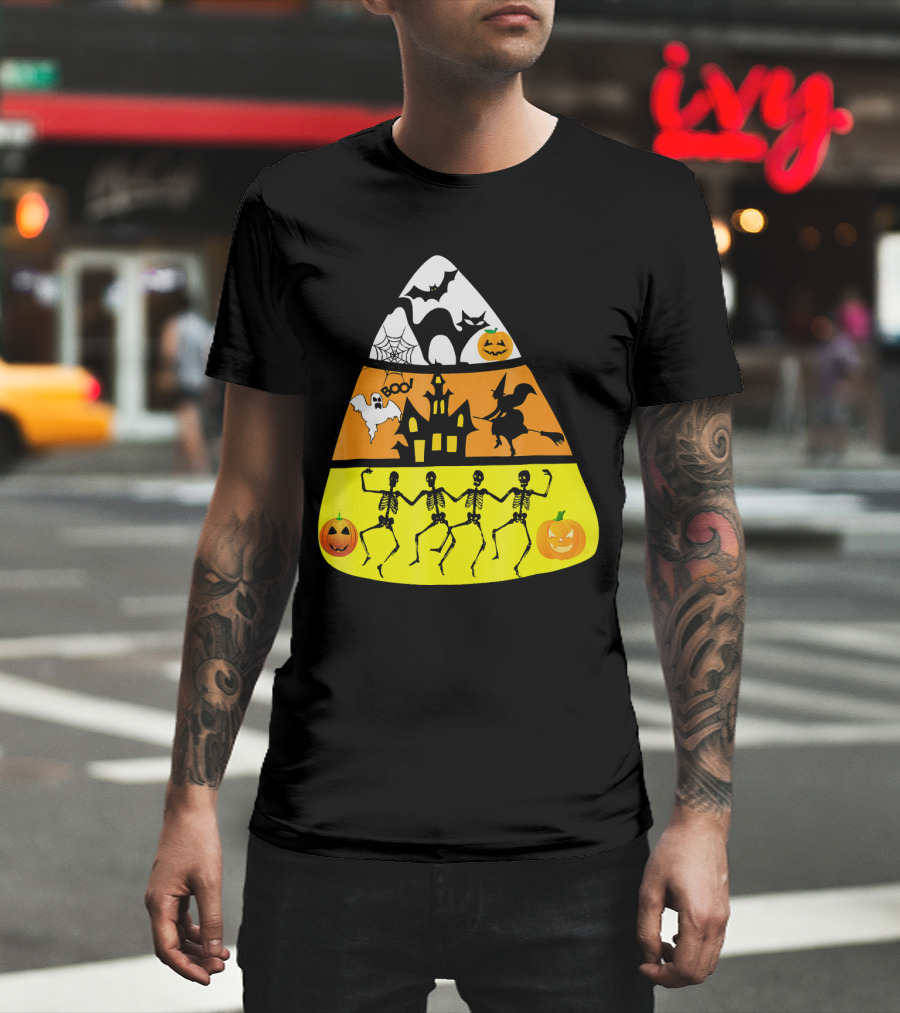Candy Corn Halloween Scene Witch Skeletons Pumpkins Ghost Bats Haunted House Boo T-Shirt
