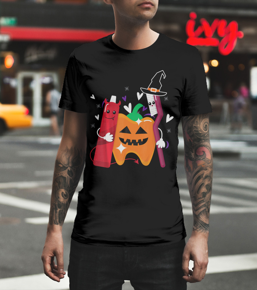 Happy Halloween Costume Toothbrush Tooth With Pumpkin And Toothpaste Characters T-Shirt