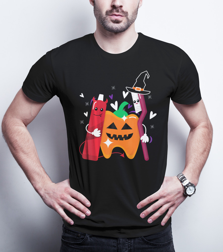Happy Halloween Costume Toothbrush Tooth With Pumpkin And Toothpaste Characters T-Shirt