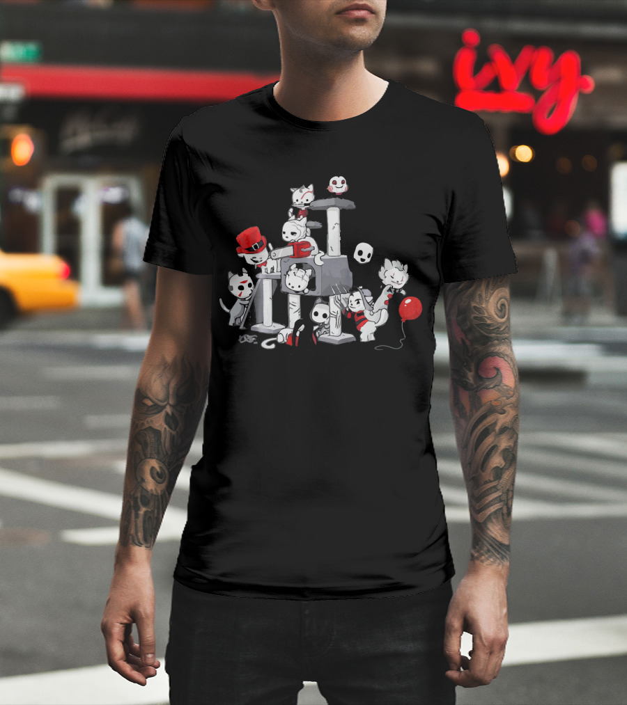 I Love Cats Horror Kitties Climbing Tower With Skull Mask Red Balloon And Top Hat T-Shirt