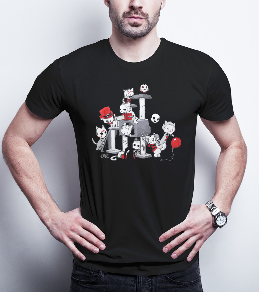 I Love Cats Horror Kitties Climbing Tower With Skull Mask Red Balloon And Top Hat T-Shirt