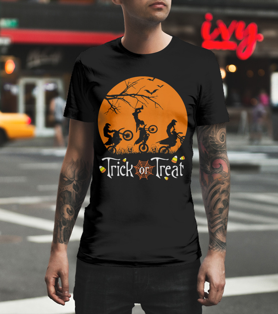 Motocross Halloween Trick Or Treat Moon Scene T-Shirt
