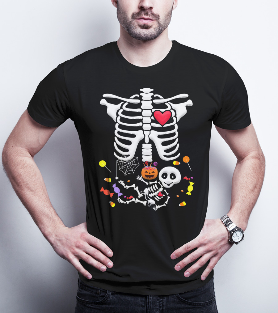 Pregnant Skeleton Heart Candy Pumpkin Halloween T-Shirt