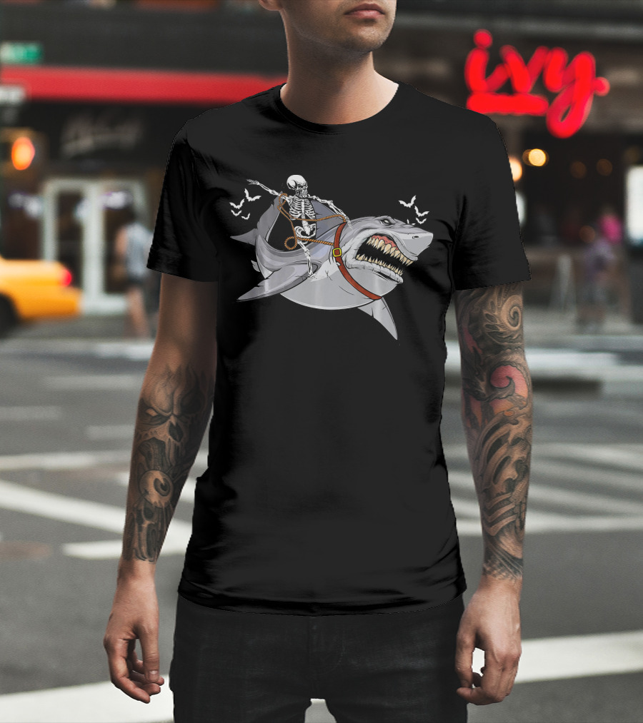 Skeleton Cowboy Riding Giant Shark With Bats T-Shirt