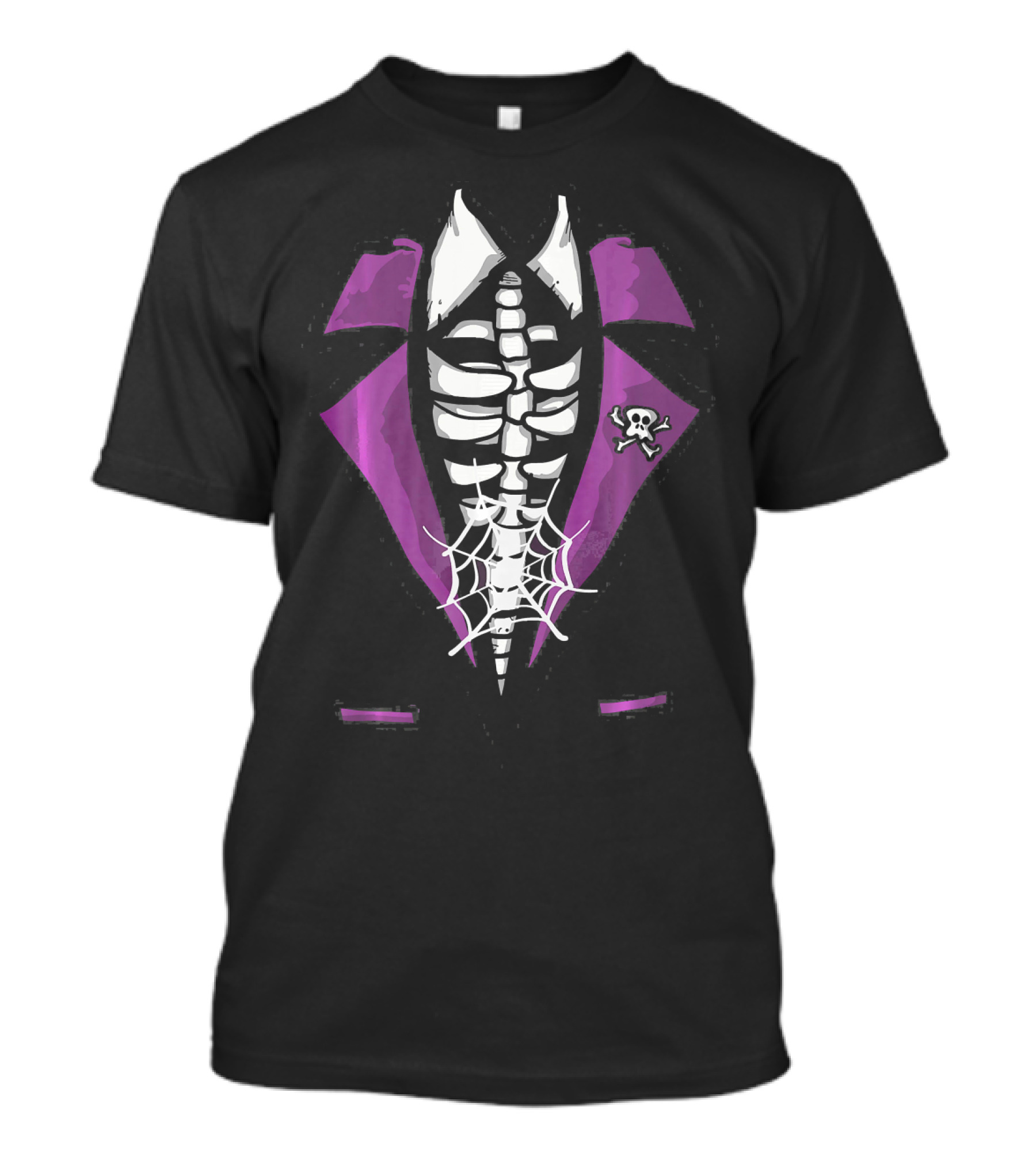 Halloween Skeleton Tuxedo Scary Rib Cage With Spider Web And Skull Brooch T-Shirt