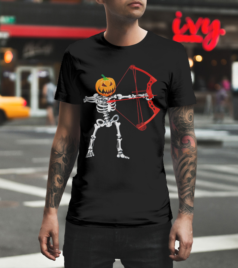 Skeleton Pumpkin Head With Red Bow Archery Halloween T-Shirt