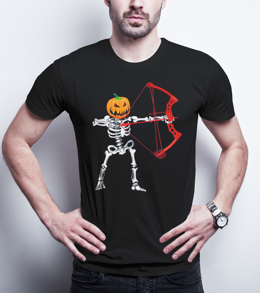 Skeleton Pumpkin Head With Red Bow Archery Halloween T-Shirt