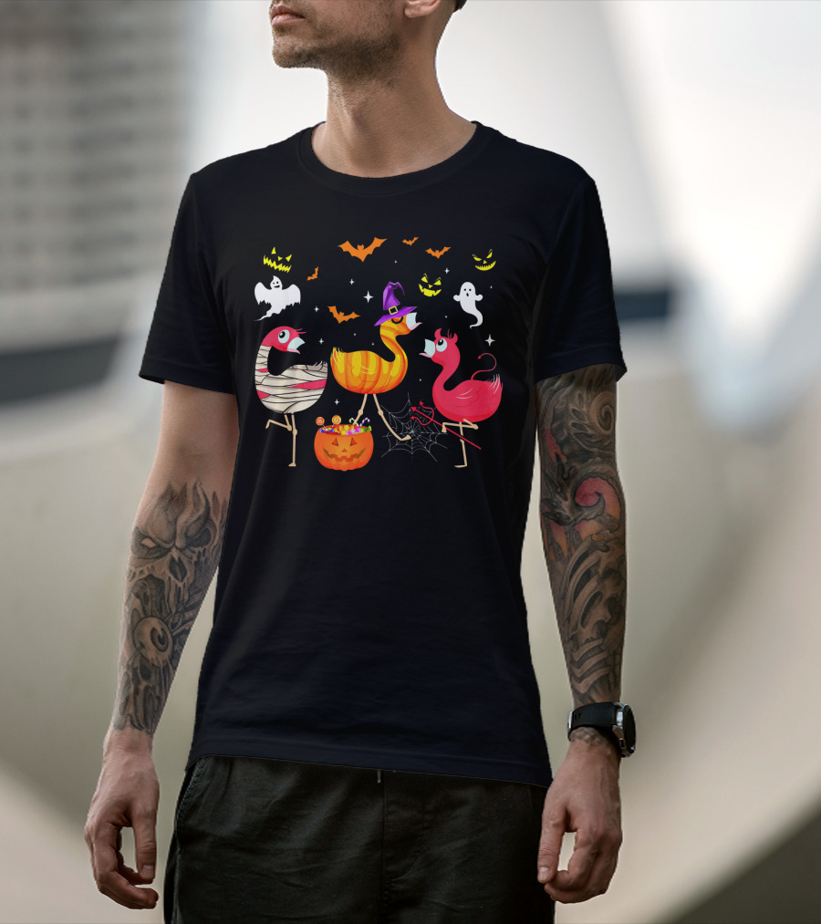 Flamingo Happy Halloween Ghosts And Pumpkins T-Shirt