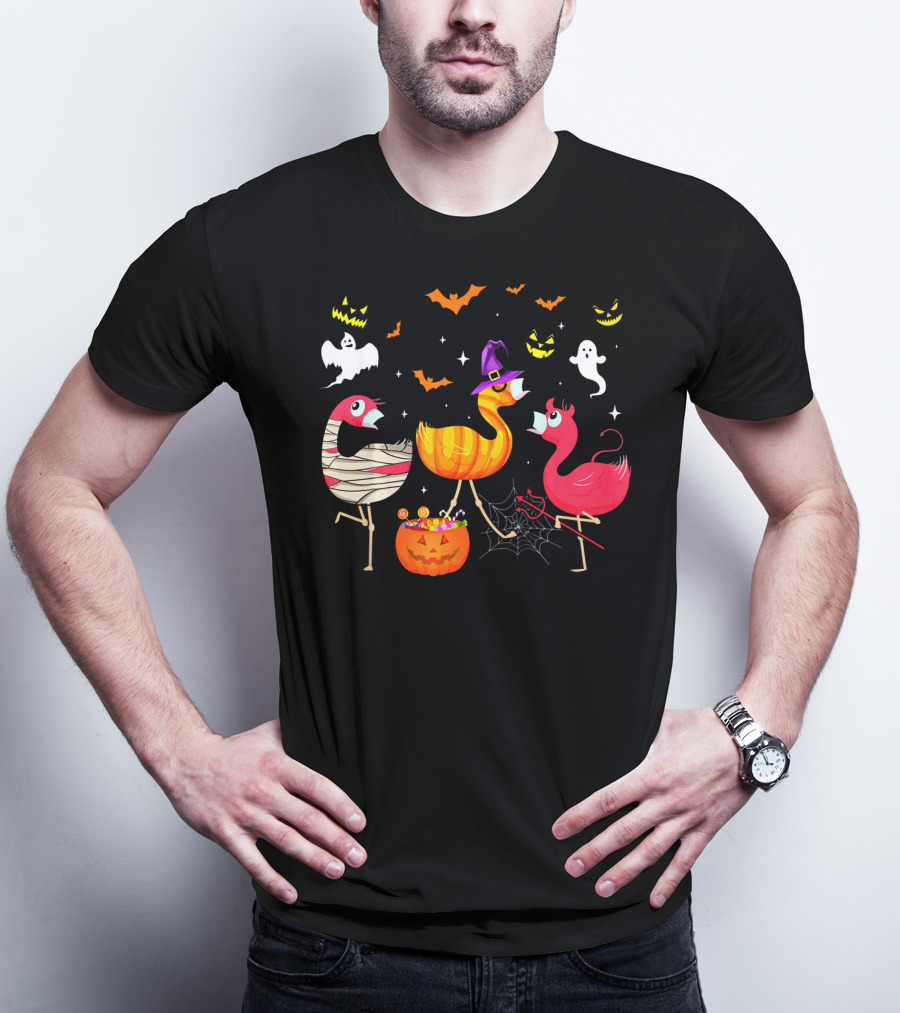 Flamingo Happy Halloween Ghosts And Pumpkins T-Shirt