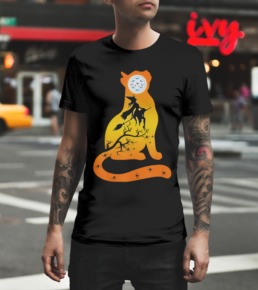Funny Cat Witch Flying Under Bat Moon With Spooky Webs T-Shirt
