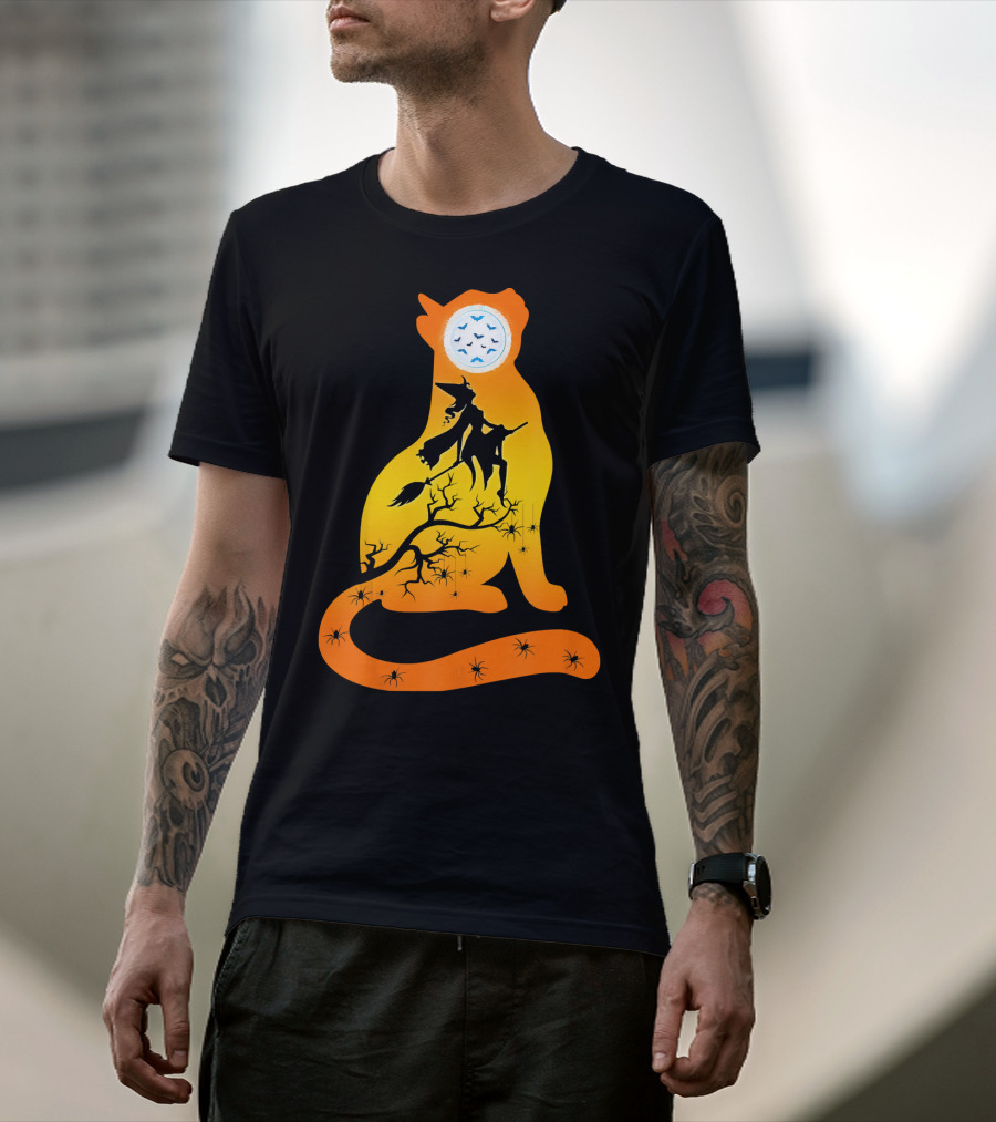 Funny Cat Witch Flying Under Bat Moon With Spooky Webs T-Shirt
