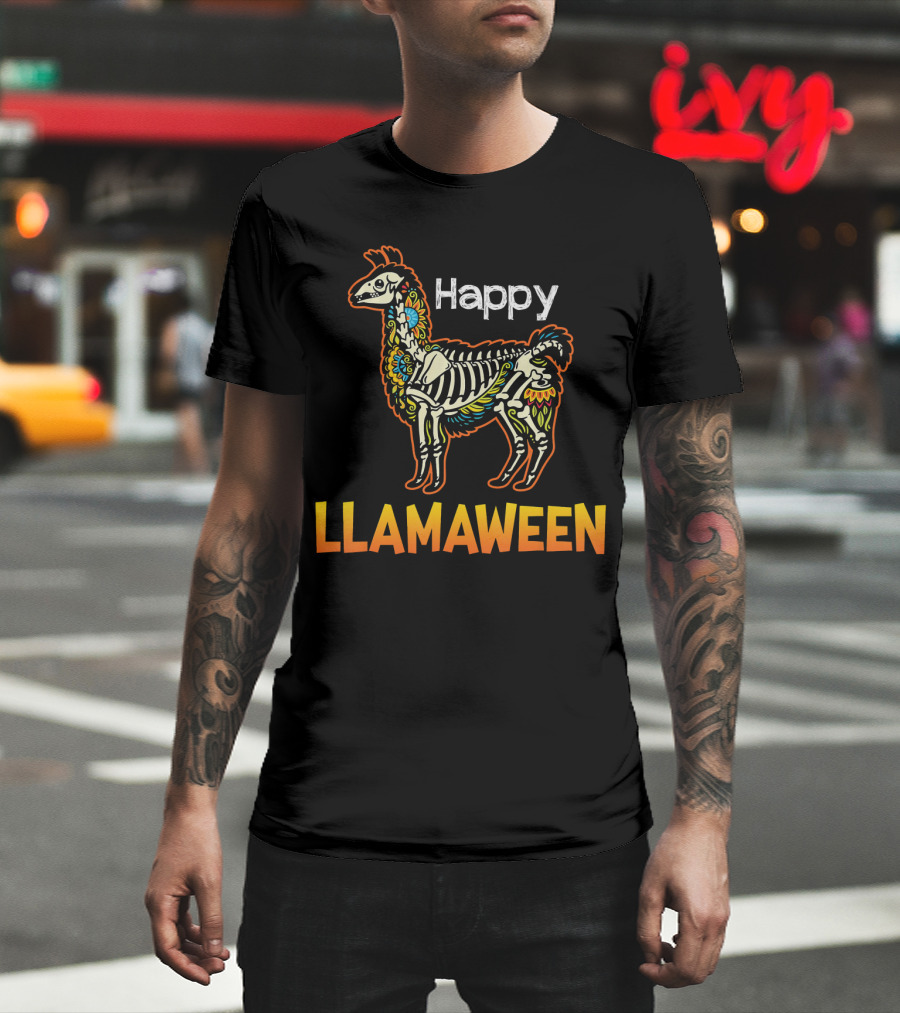 Happy Llamaween Funny Llama Skeleton Halloween T-Shirt