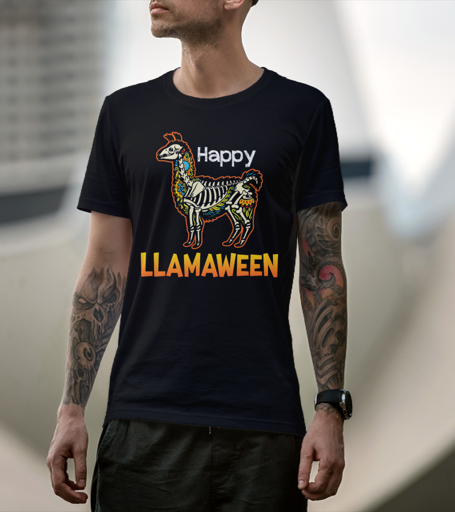 Happy Llamaween Funny Llama Skeleton Halloween T-Shirt