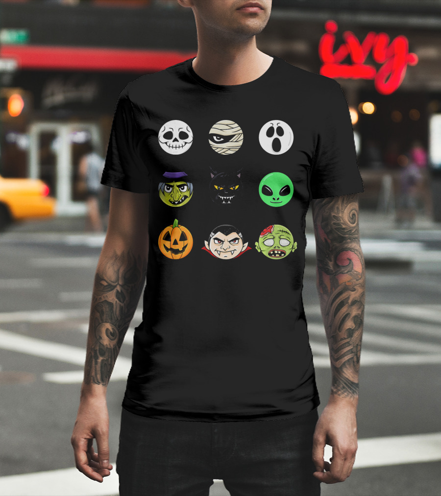 Scary Faces Halloween Emoji Emoji Icons Vampire Mummy Alien Ghost Pumpkin Monster Cat Witch T-Shirt