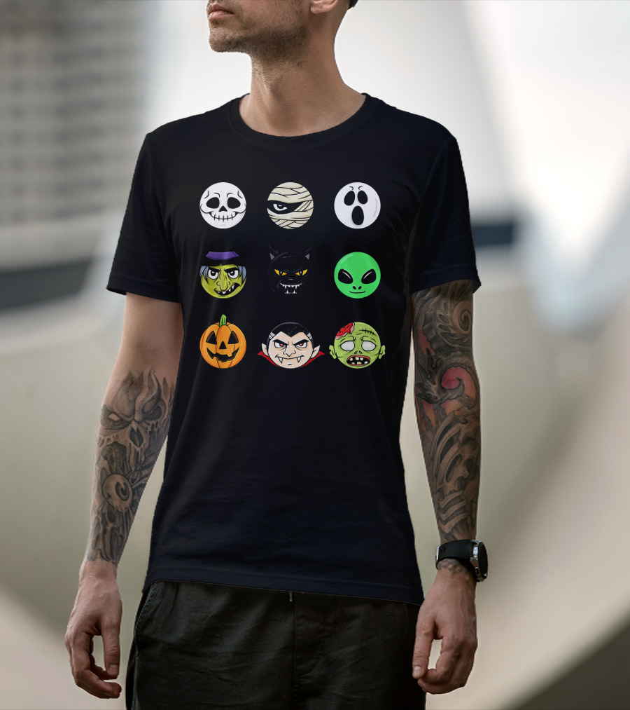 Scary Faces Halloween Emoji Emoji Icons Vampire Mummy Alien Ghost Pumpkin Monster Cat Witch T-Shirt