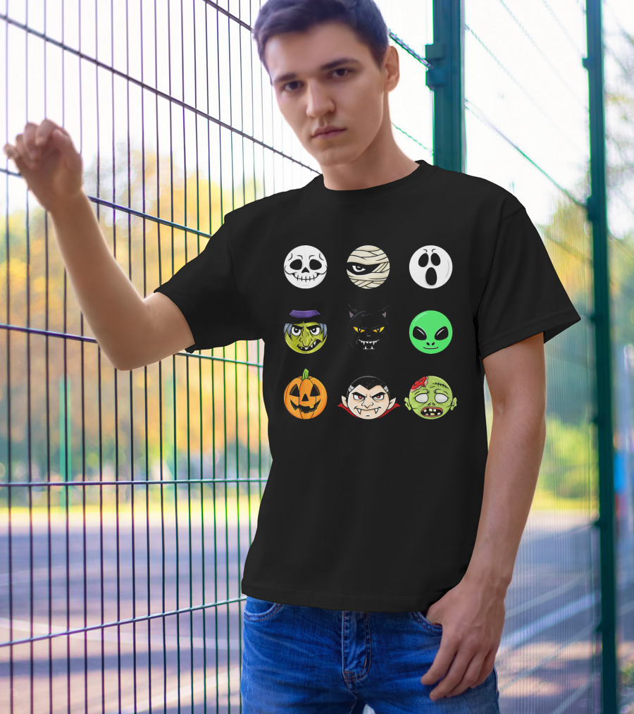 Scary Faces Halloween Emoji Emoji Icons Vampire Mummy Alien Ghost Pumpkin Monster Cat Witch T-Shirt