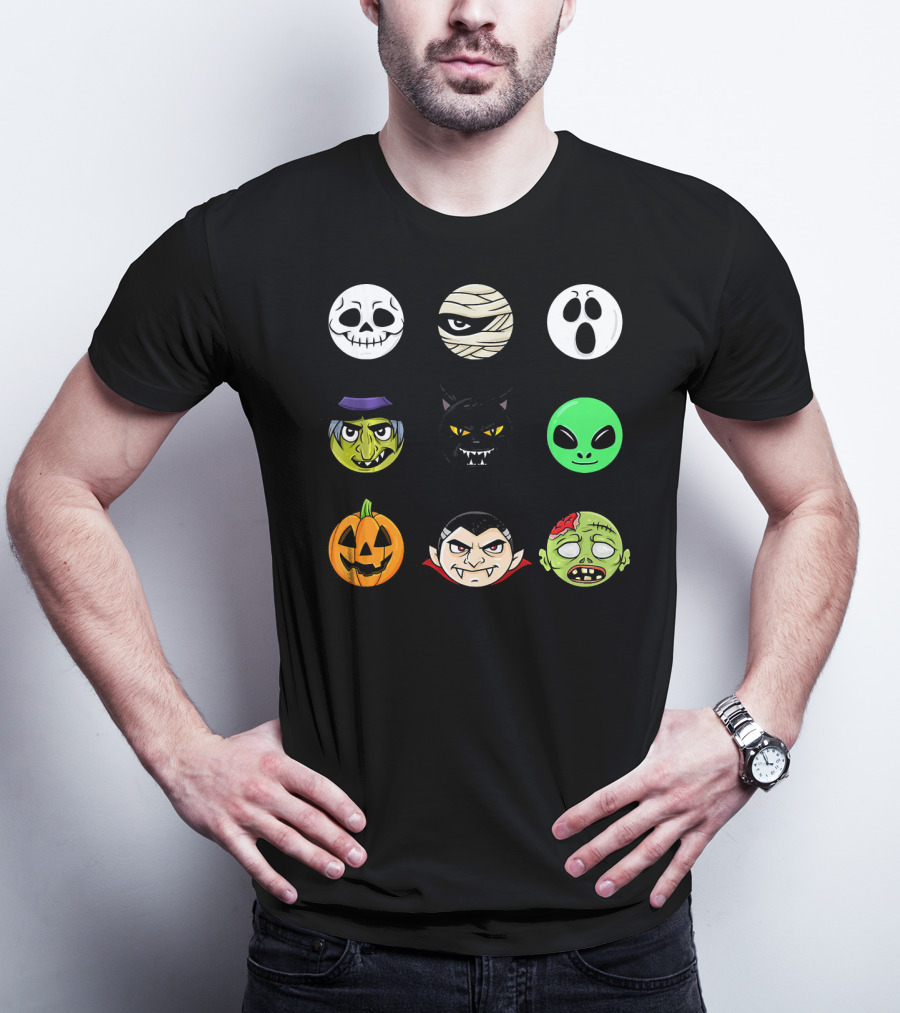 Scary Faces Halloween Emoji Emoji Icons Vampire Mummy Alien Ghost Pumpkin Monster Cat Witch T-Shirt