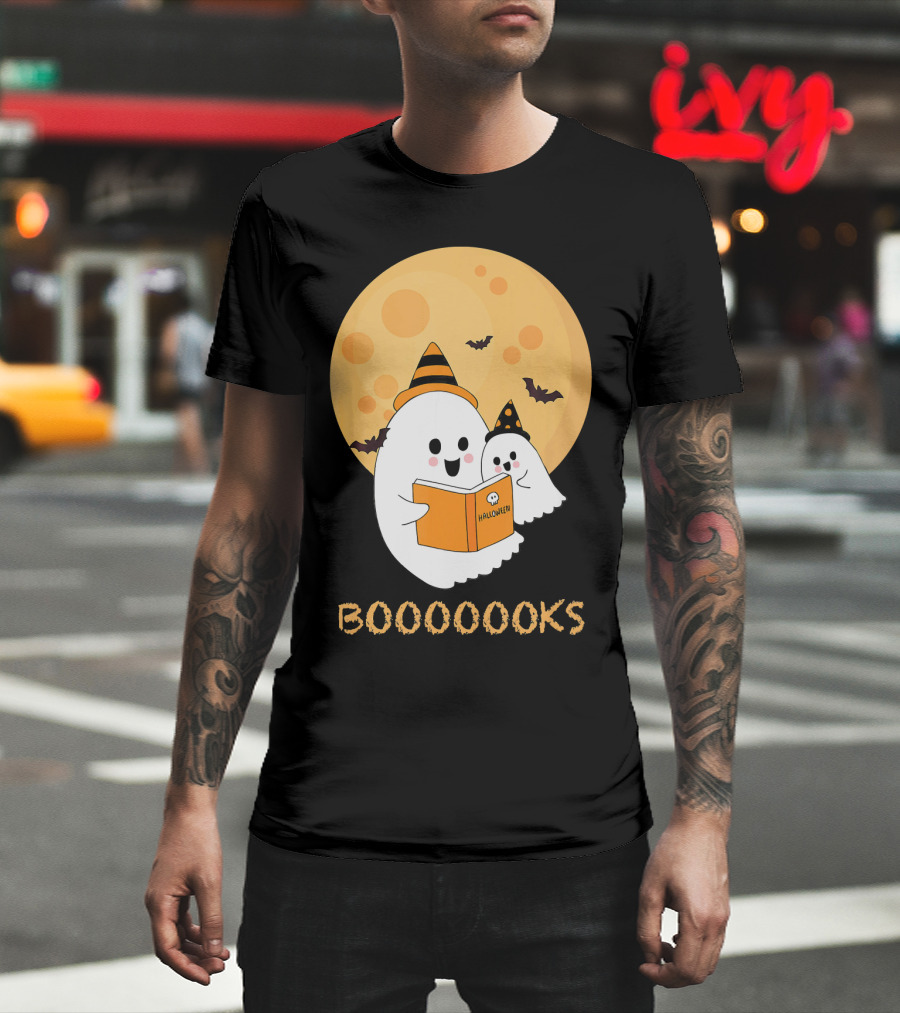Halloween Ghosts Reading Boooooks Under Full Moon T-Shirt
