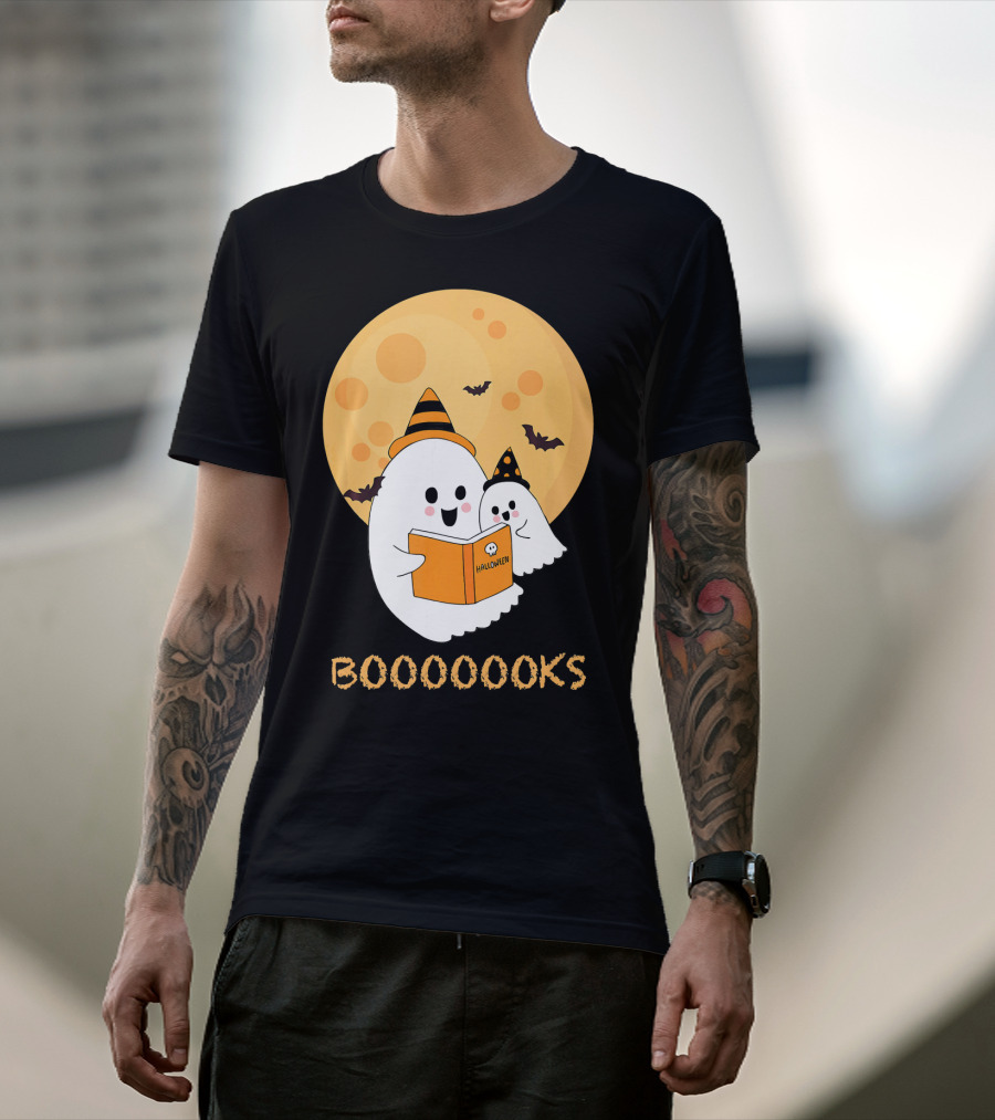 Halloween Ghosts Reading Boooooks Under Full Moon T-Shirt