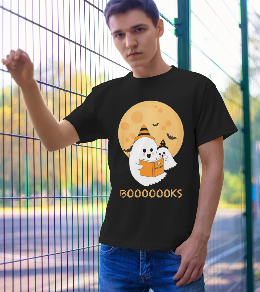 Halloween Ghosts Reading Boooooks Under Full Moon T-Shirt