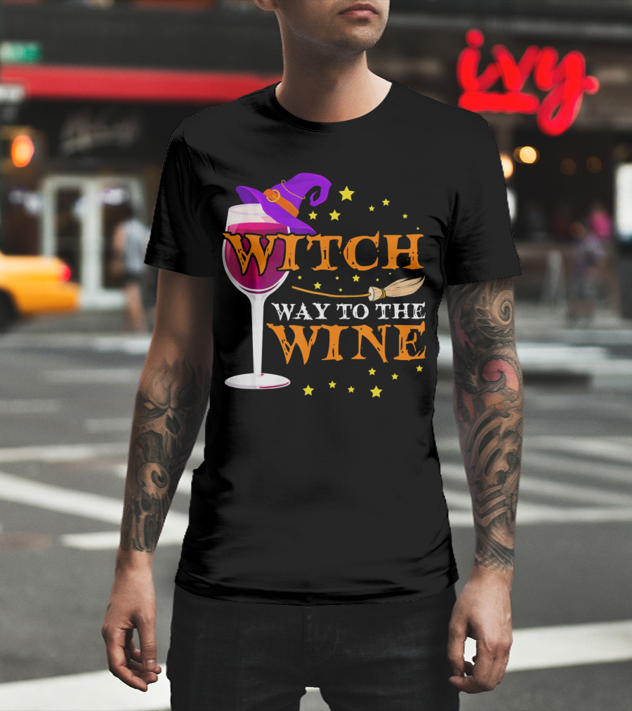 Witch Way To The Wine Halloween Wizard Hat Broomstick Stars T-Shirt