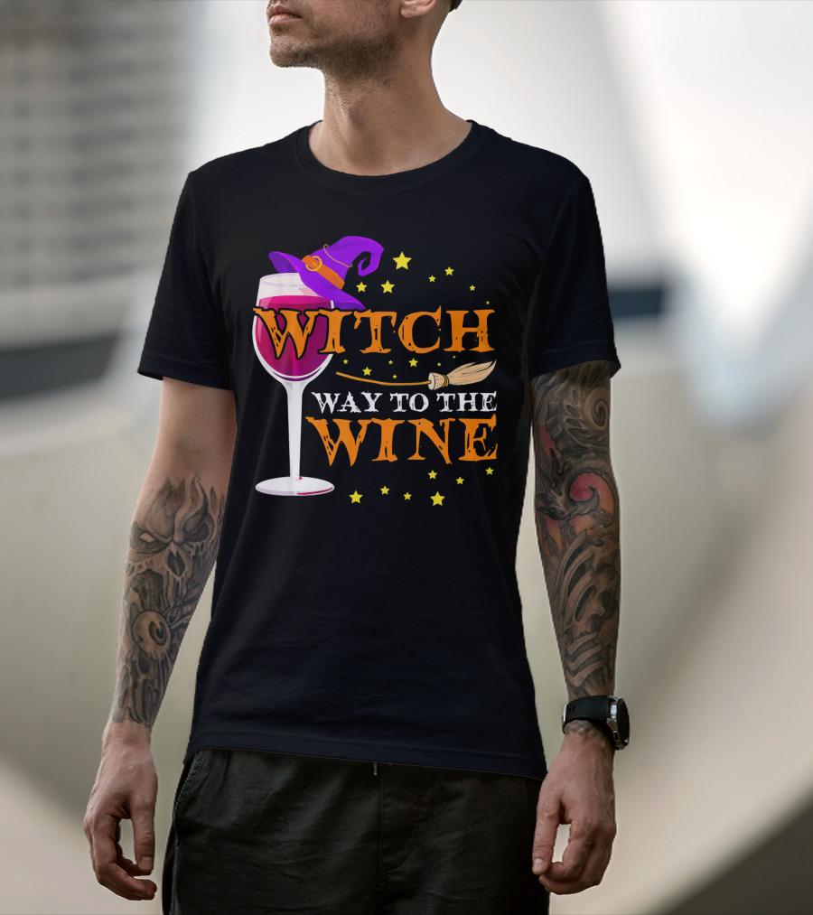 Witch Way To The Wine Halloween Wizard Hat Broomstick Stars T-Shirt