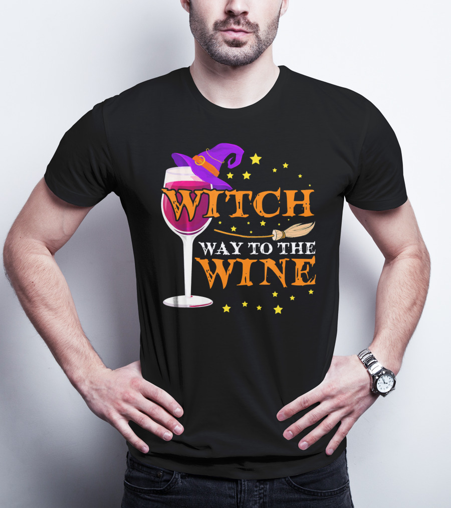 Witch Way To The Wine Halloween Wizard Hat Broomstick Stars T-Shirt