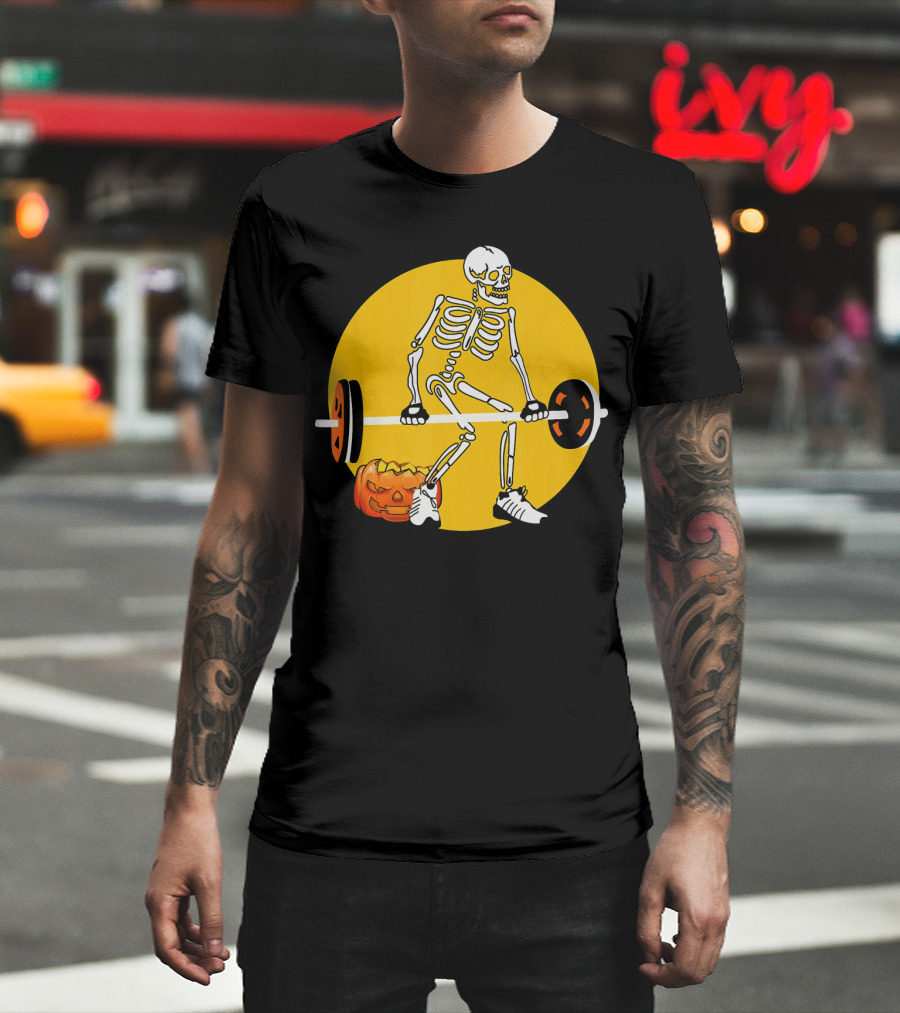 Skeleton Weightlifting With Pumpkin In Yellow Circle T-Shirt