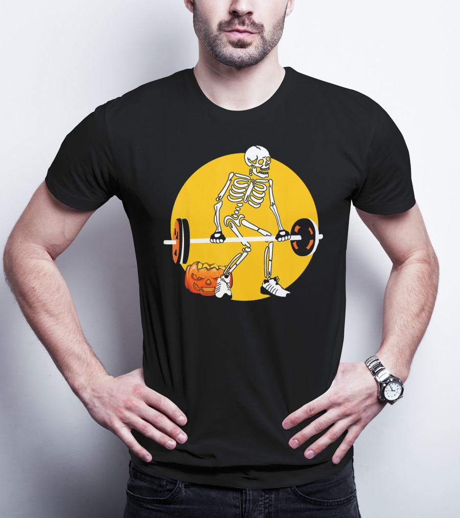 Skeleton Weightlifting With Pumpkin In Yellow Circle T-Shirt