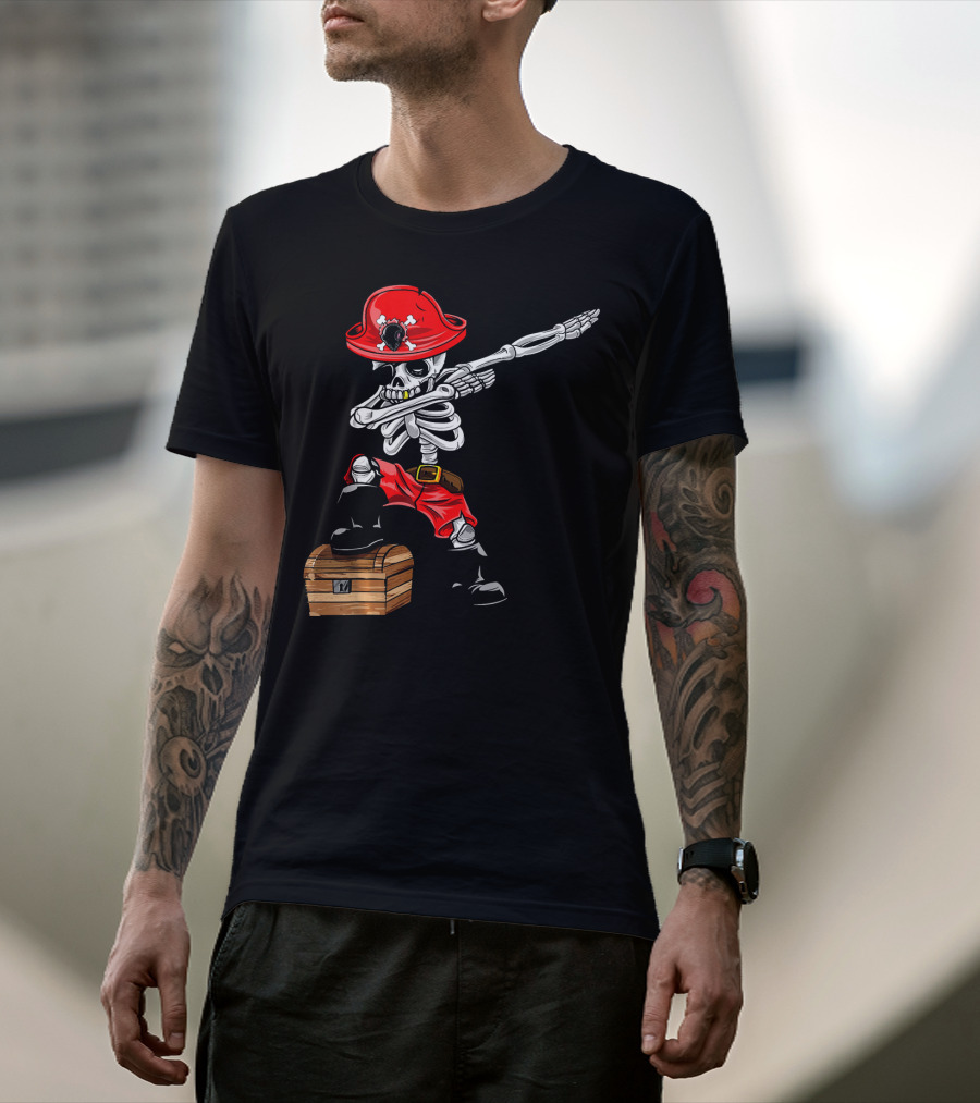 Dabbing Skeleton Pirate With Red Hat And Treasure Chest T-Shirt