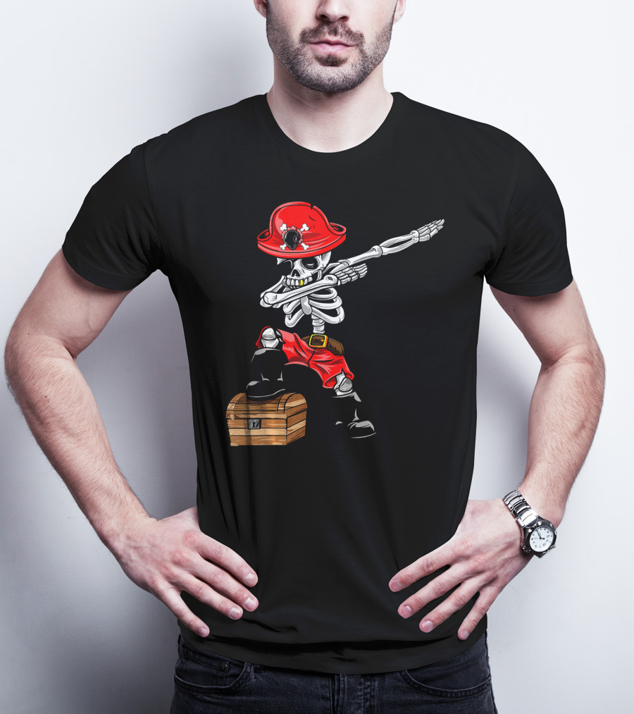 Dabbing Skeleton Pirate With Red Hat And Treasure Chest T-Shirt