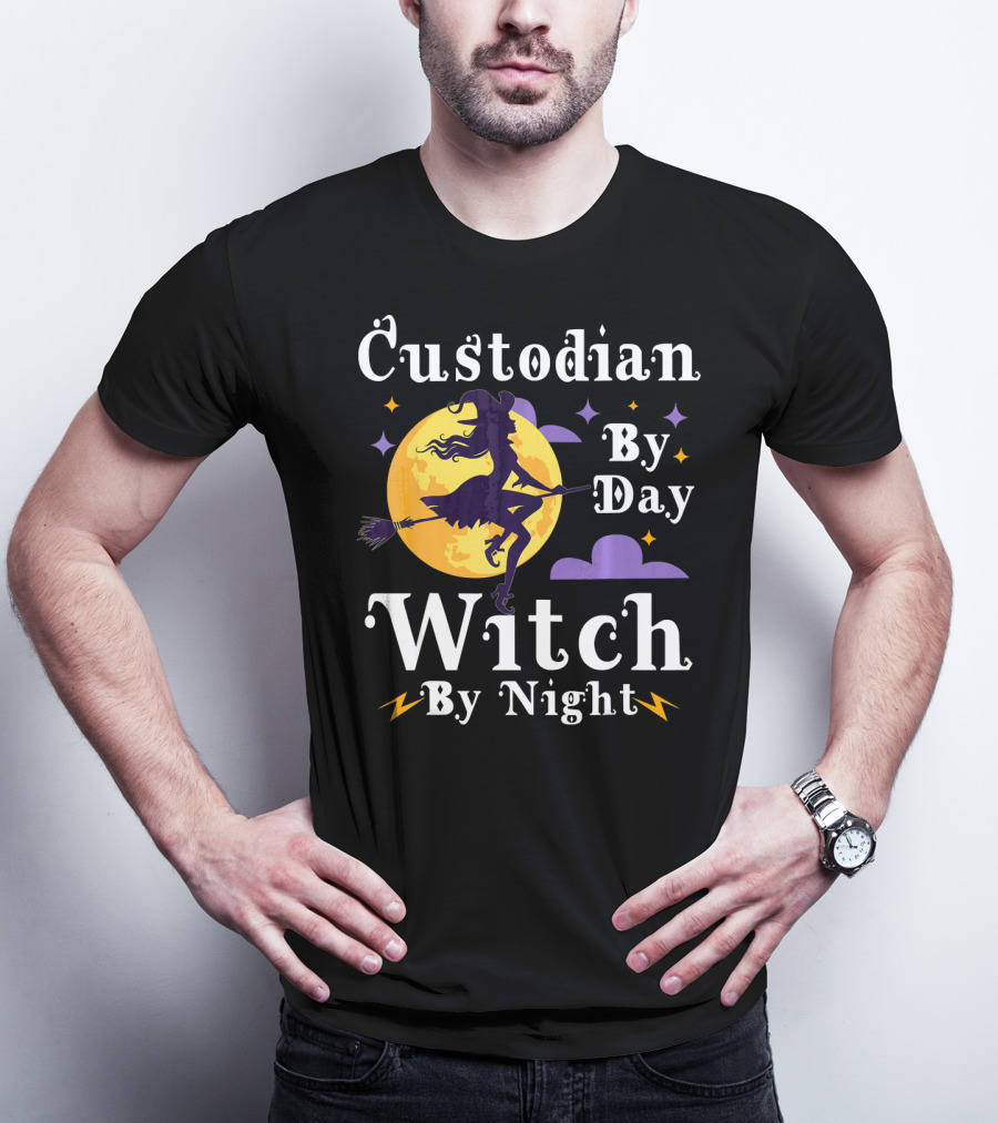 Custodian By Day Witch By Night Flying Broomstick Moon And Stars T-Shirt