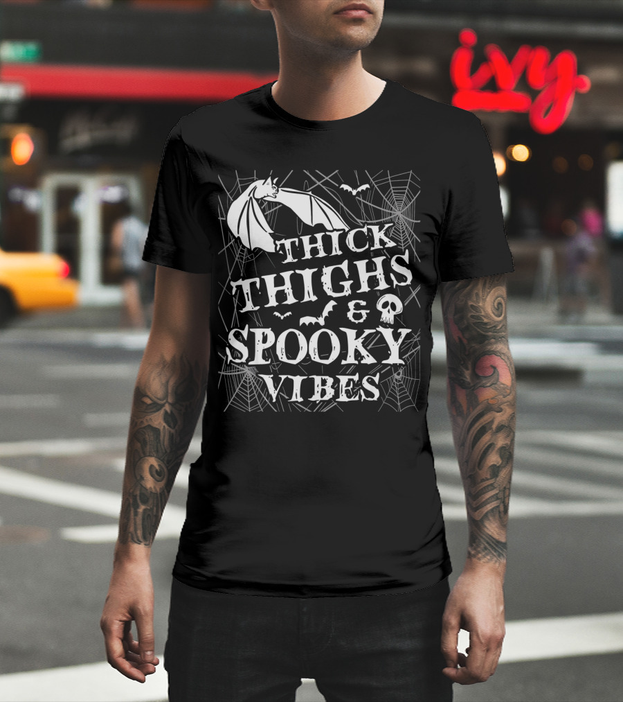 Thick Thighs Spooky Vibes Bat Skull Spider Webs T-Shirt