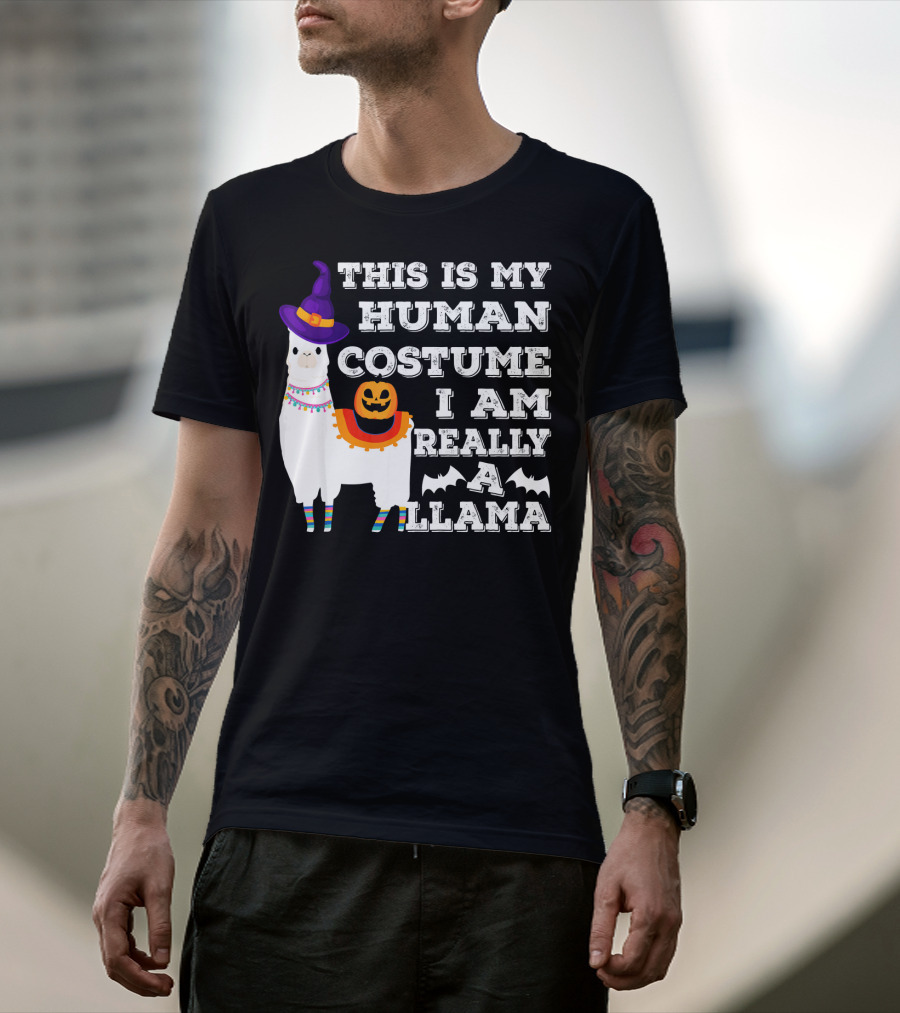 THIS IS MY HUMAN COSTUME I AM REALLY A LLAMA HALLOWEEN WITCH HAT PUMPKIN BAT T-Shirt