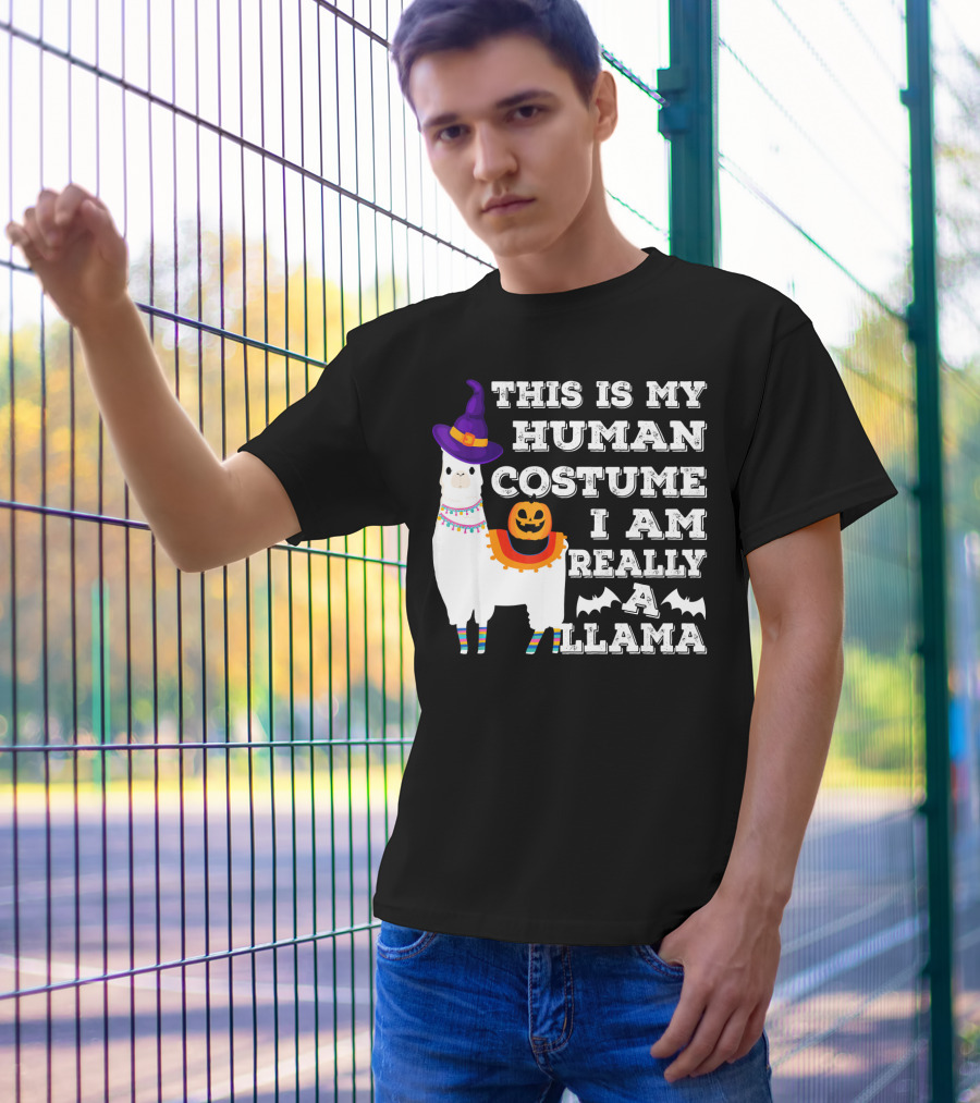 THIS IS MY HUMAN COSTUME I AM REALLY A LLAMA HALLOWEEN WITCH HAT PUMPKIN BAT T-Shirt