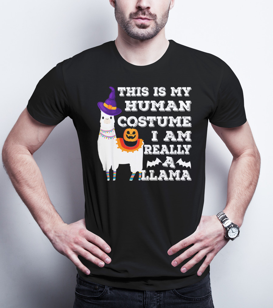 THIS IS MY HUMAN COSTUME I AM REALLY A LLAMA HALLOWEEN WITCH HAT PUMPKIN BAT T-Shirt
