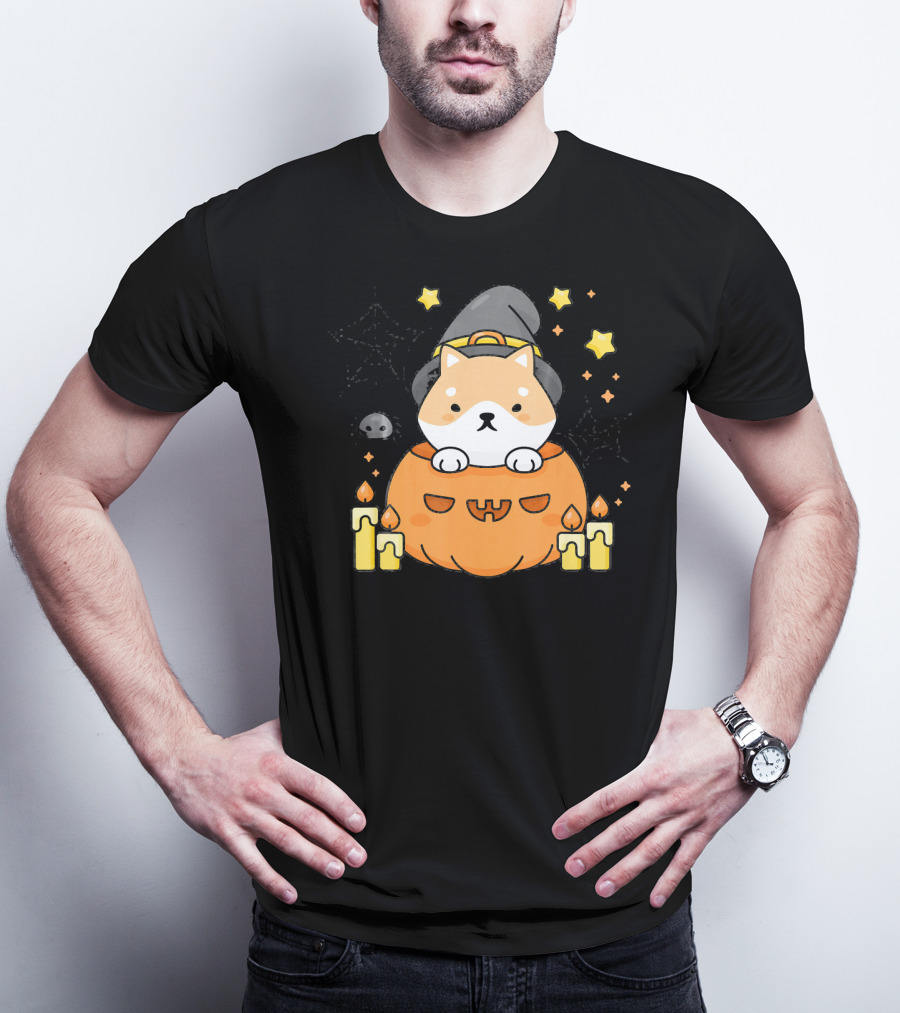 Kawaii Shiba Inu Dog In Witch Hat With Pumpkin And Candles Japanese T-Shirt