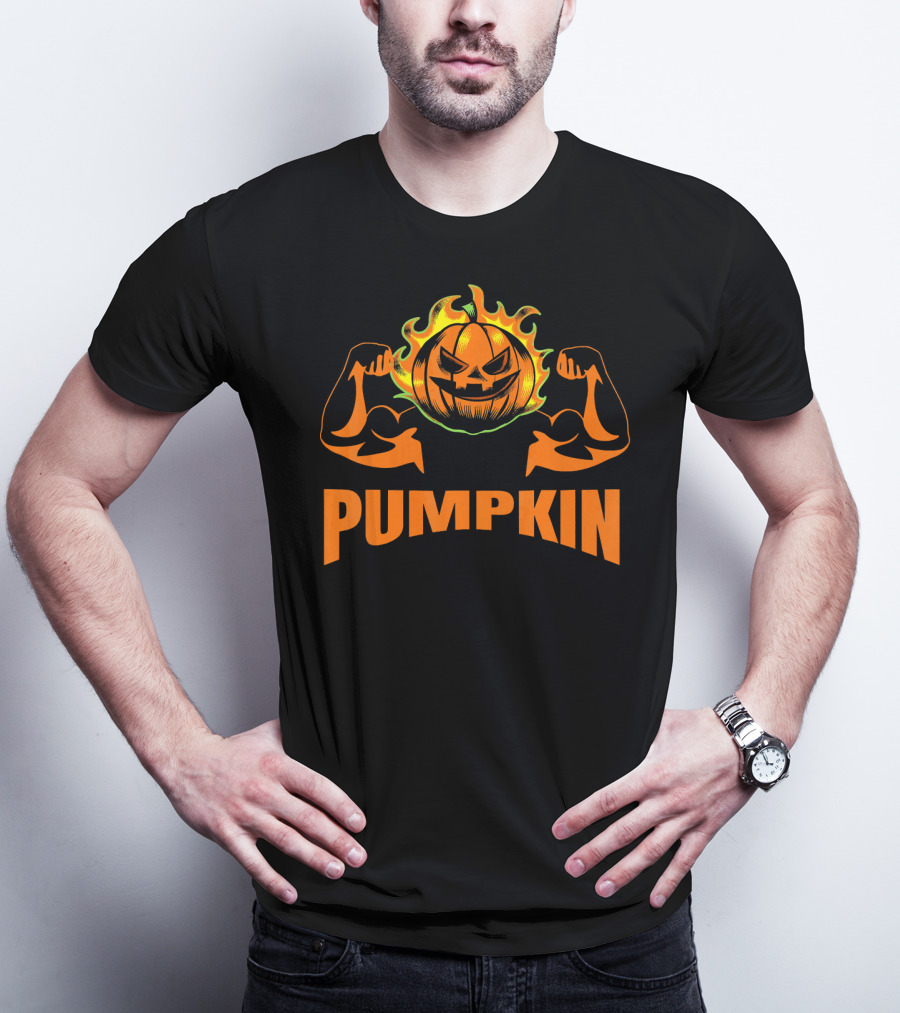 Bodybuilder Pumpkin Halloween Costume Muscles Jack-O'-Lantern T-Shirt