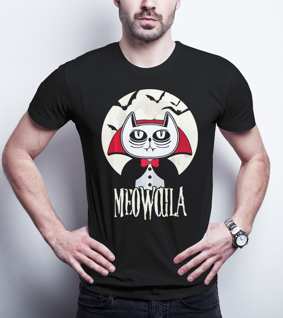 Meowcula Funny Cat Vampire Dracula Cartoon Bats Moon T-Shirt