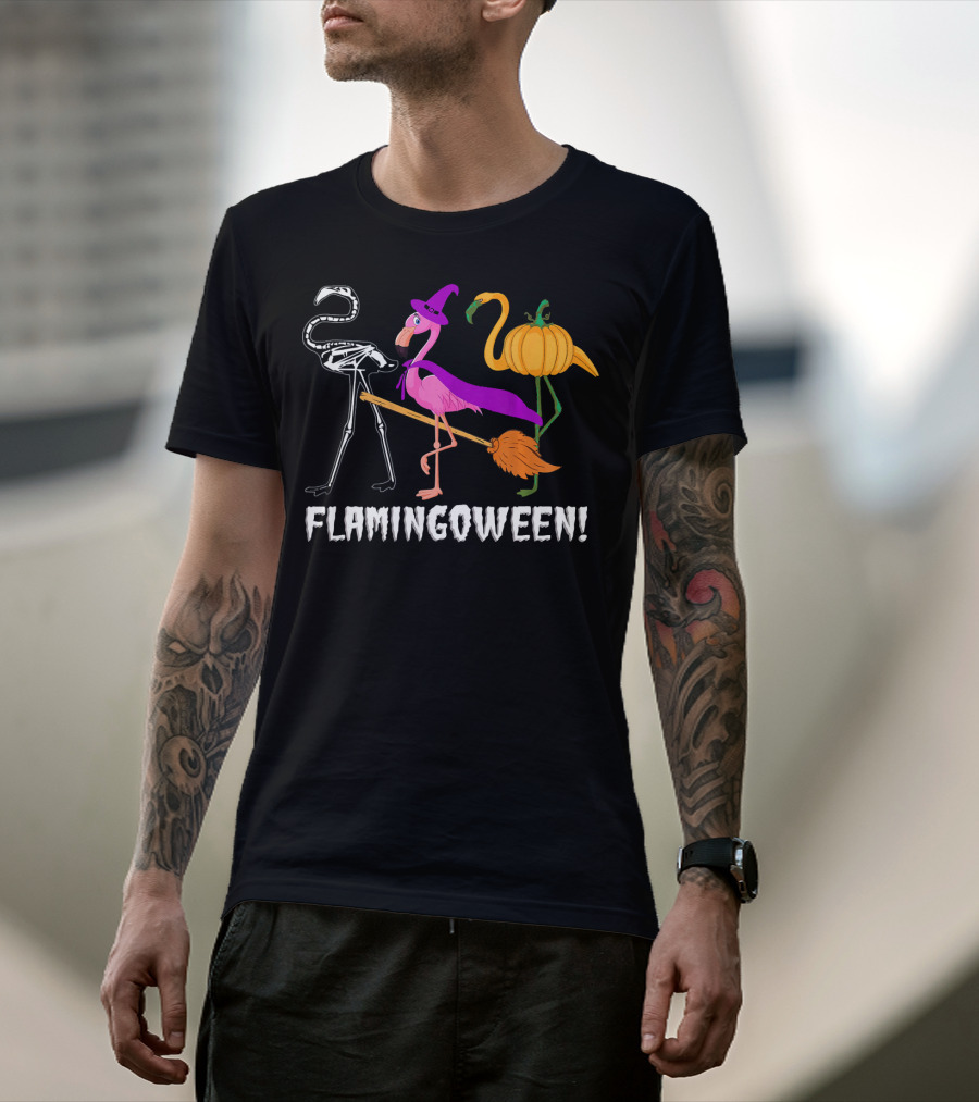 Flamingoween Skeleton Witch Pumpkin Flamingo Halloween T-Shirt