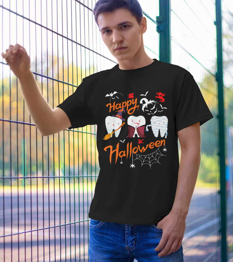 Happy Halloween Witch Vampire Mummy Teeth With Bats And Spiderweb T-Shirt
