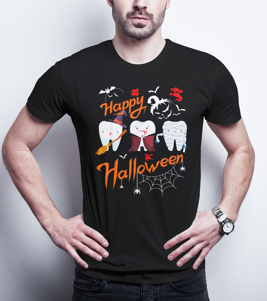 Happy Halloween Witch Vampire Mummy Teeth With Bats And Spiderweb T-Shirt